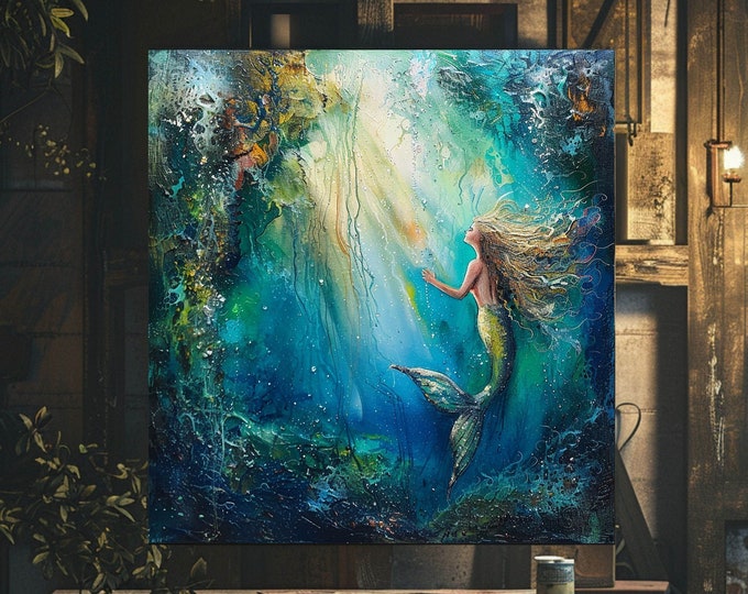 Mermaid Original Painting on Wood in Navys and Aqua - Etsy