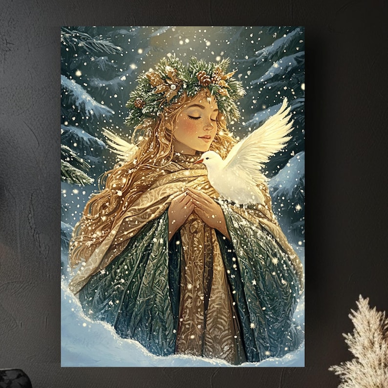 Golden Pagan Maiden Wall Art, Enchanted Winter Solstice Framed Canvas ...
