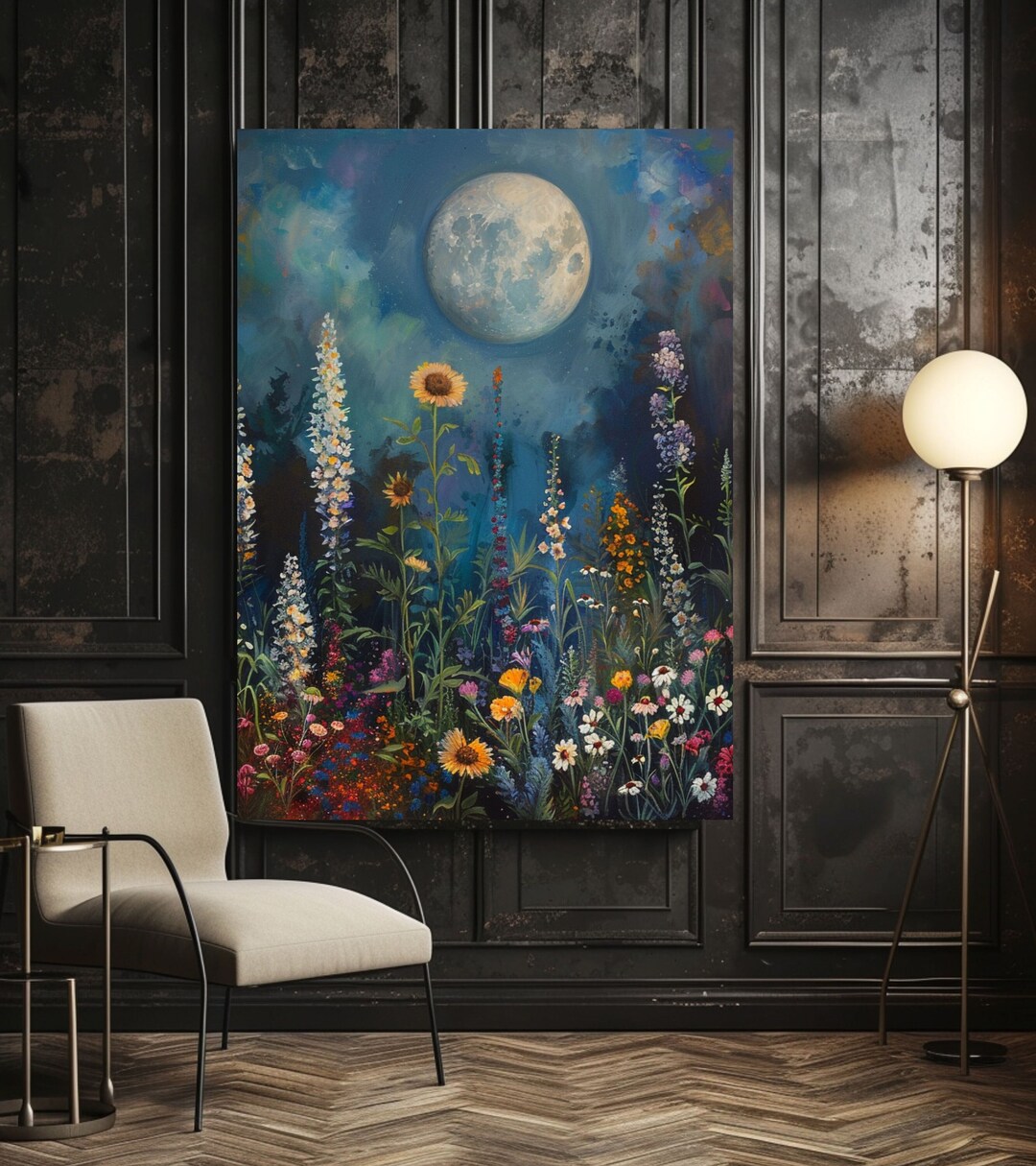 Mystical Moon and Wildflower Garden Canvas Art, Botanical Night Sky Art ...