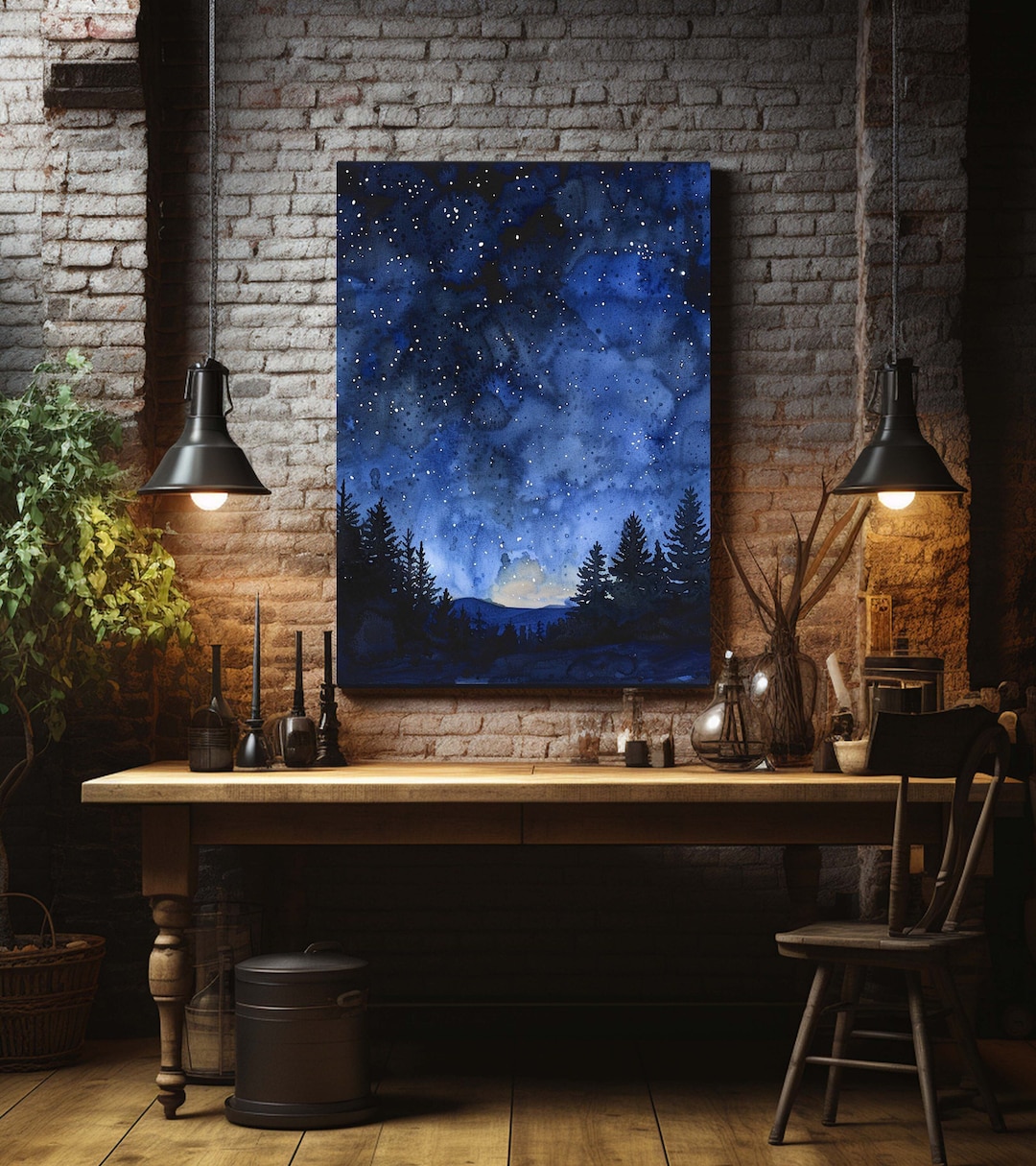 Starry Night Canvas, Night Sky Watercolor Canvas Art, Mountains Wall ...