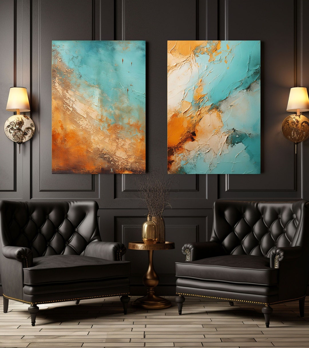 Rust Orange and Turquoise Canvas Wall Art Set of 2, Minimalist Canvas ...