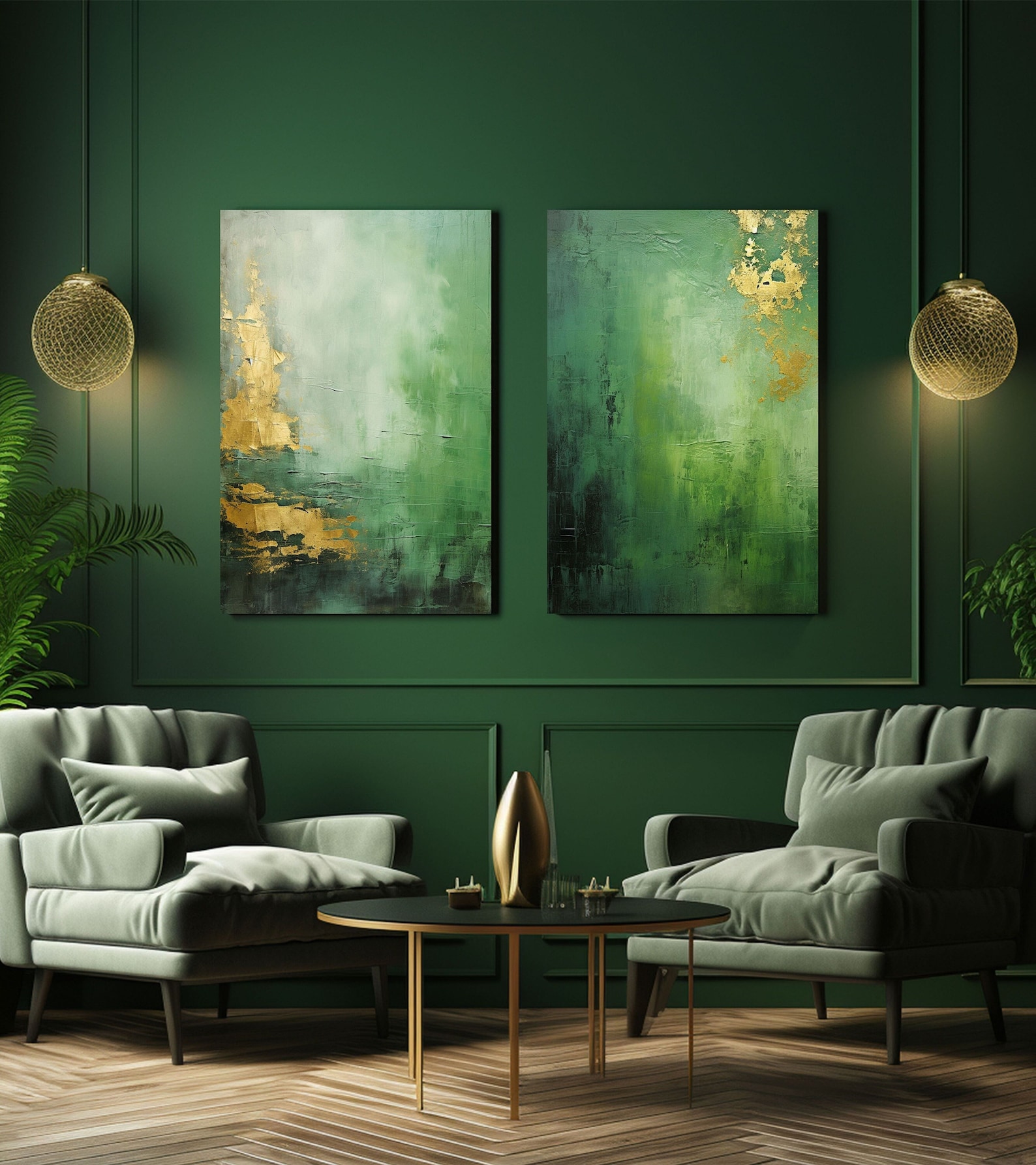 Green and Gold Abstract Canvas Wall Art Set of 2, Green Wall Art ...