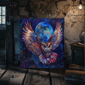 Celestial Owl Wall Art Painting Lunar Owl Canvas Art Dark Starry ...