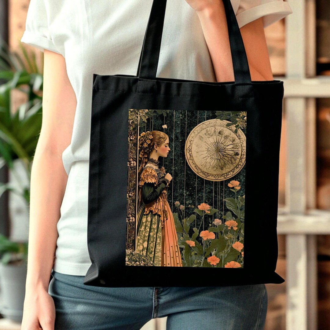 Compass Girl Canvas Tote Bag, Vintage Flower Art Bag, Celestial ...