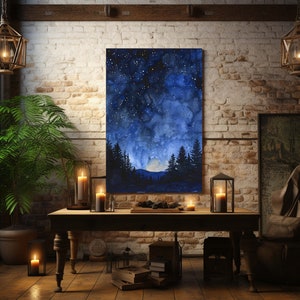 Starry Night Canvas, Night Sky Watercolor Canvas Art, Mountains Wall ...
