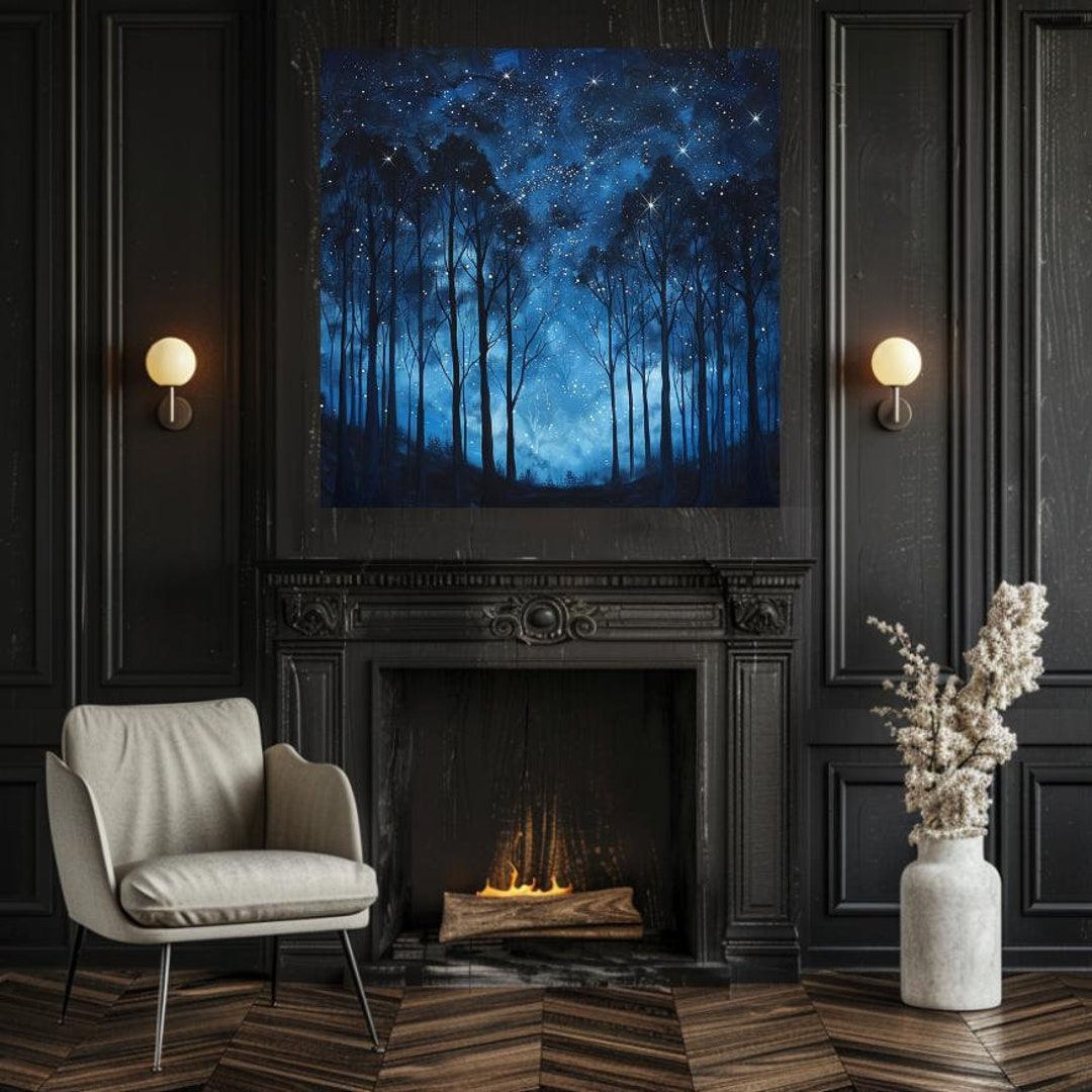 Blue Starlit Sky Night Forest Canvas Art, Mystical Dark Wall Art ...