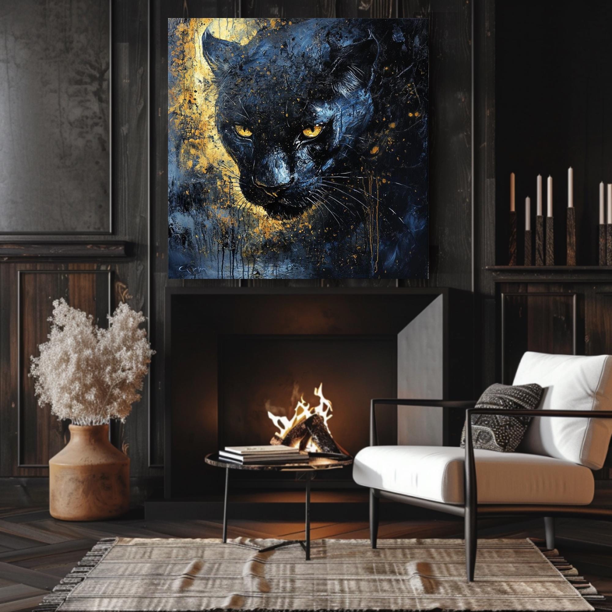 Black Panther Canvas Wall Art, Mystical Big Cat Painting, Gold and ...