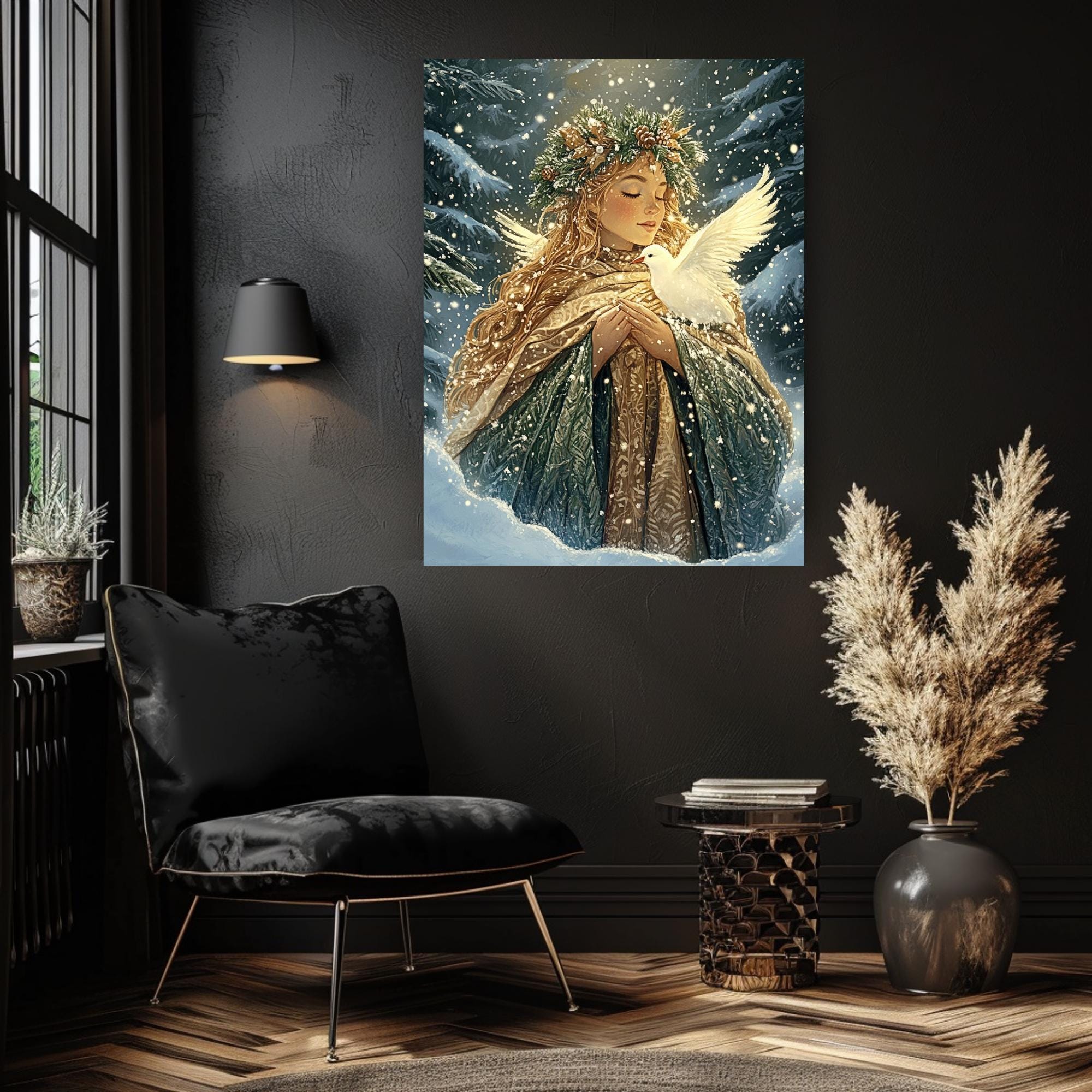 Golden Pagan Maiden Wall Art, Enchanted Winter Solstice Framed Canvas ...