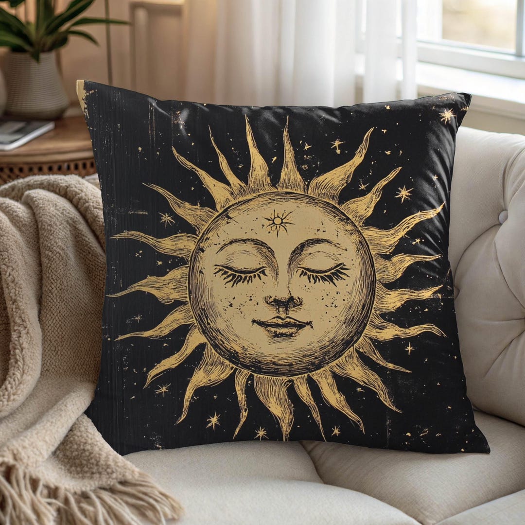 Cosmic Sun Face Pillow, Celestial Boho Design With Smiling Golden Sun ...