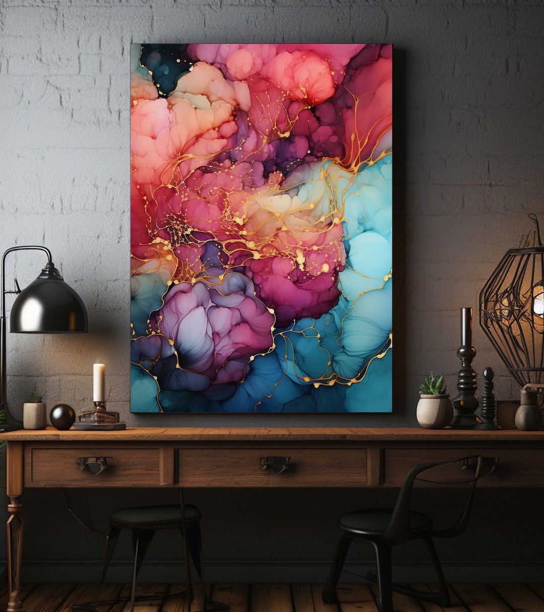 Alcohol Ink Canvas Wall Art, Alcohol Ink With Gold Accent Wall Art ...
