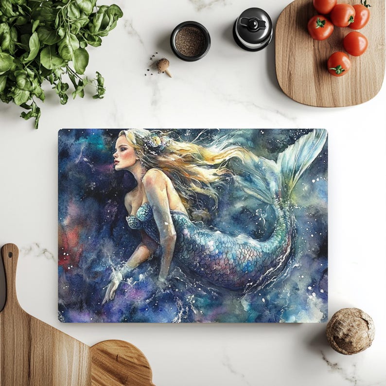 Ocean Mermaid Glass Cutting Board, Watercolor Sea Kitchen Art, Coastal ...