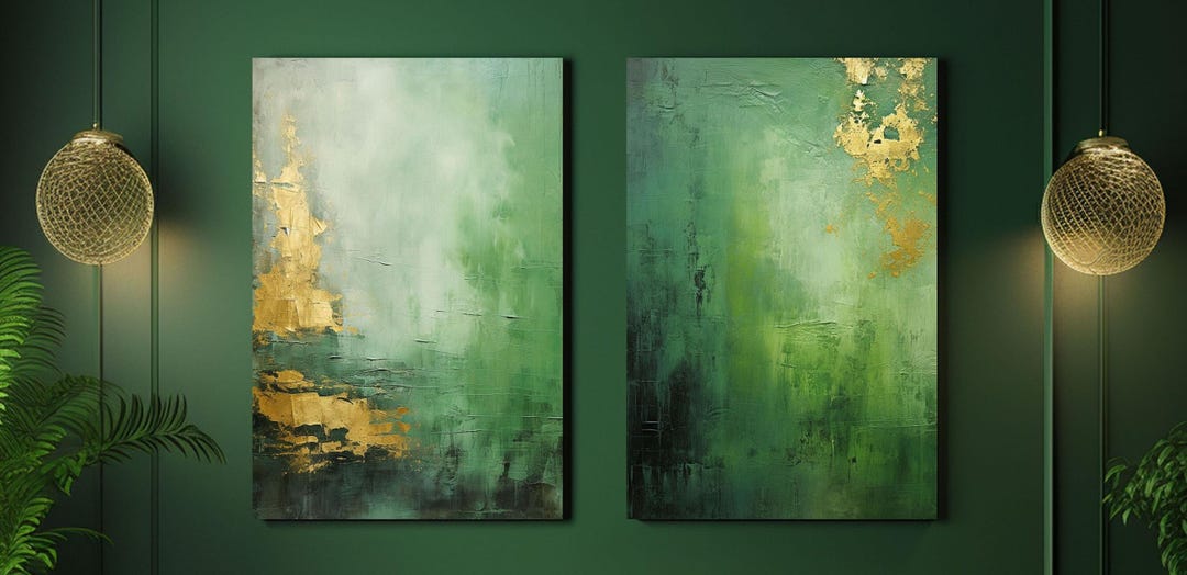 Green and Gold Abstract Canvas Wall Art Set of 2, Green Wall Art ...