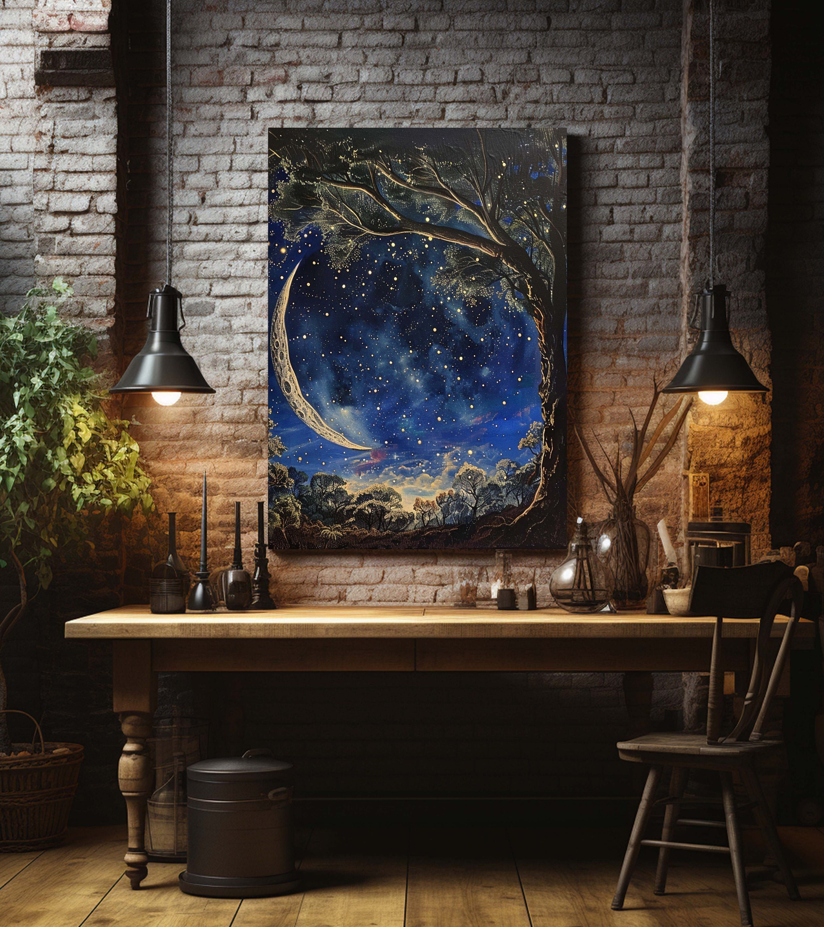Night Sky Watercolor Canvas Art, Celestial Wall Decor, Mystical Sky ...