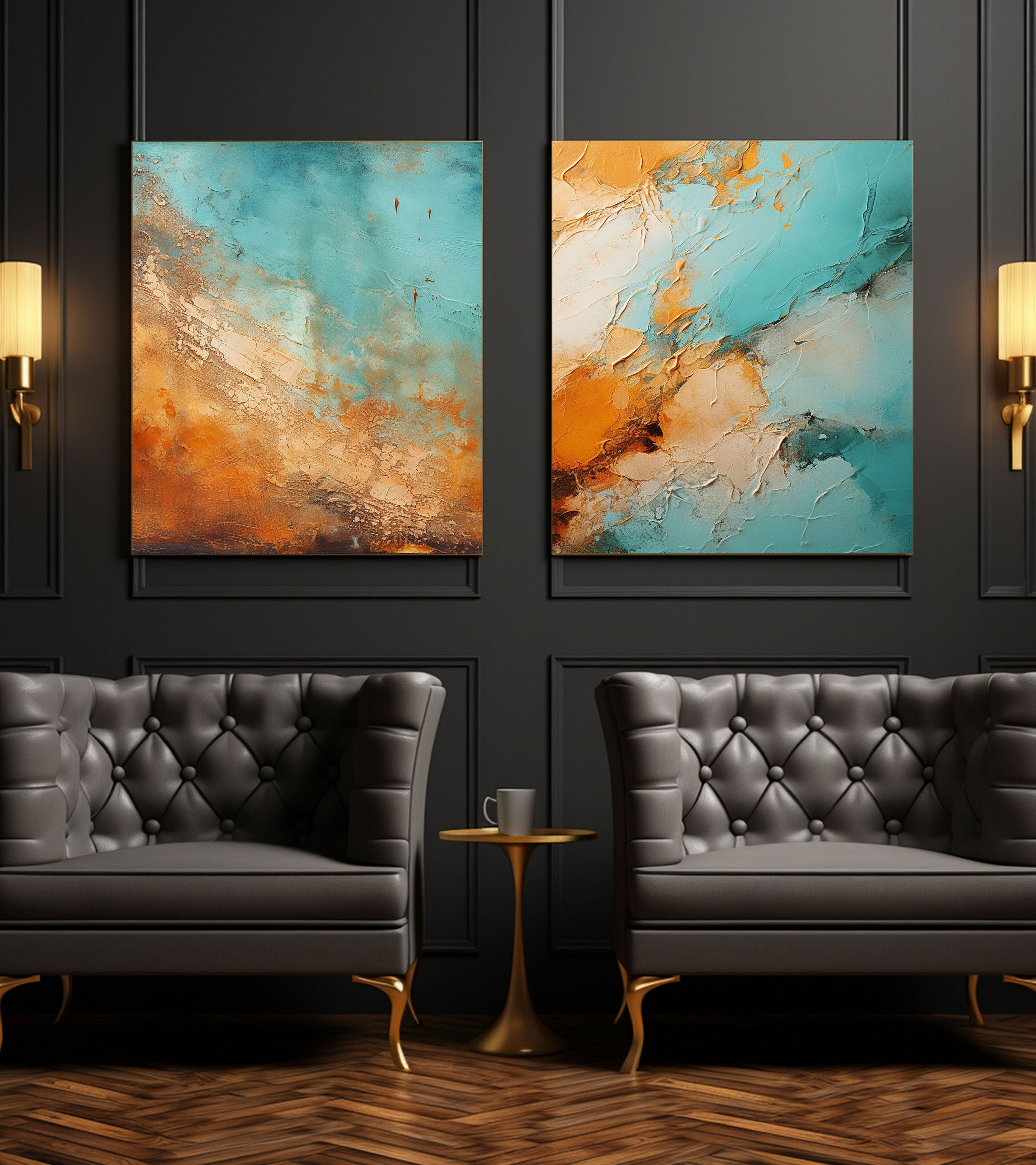 Rust Orange and Turquoise Canvas Wall Art Set of 2, Minimalist Canvas ...