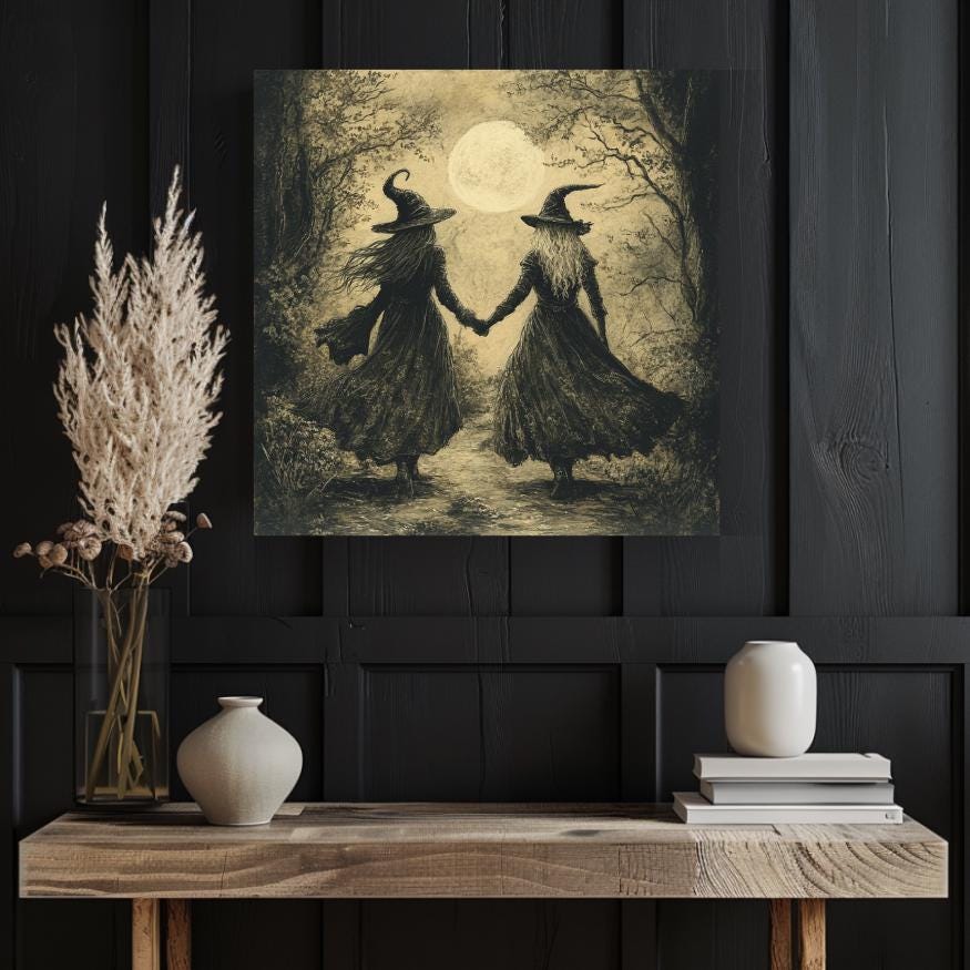 Moonlit Witches Canvas Art, Magical Witchy Wall Decor, Gothic Witch ...
