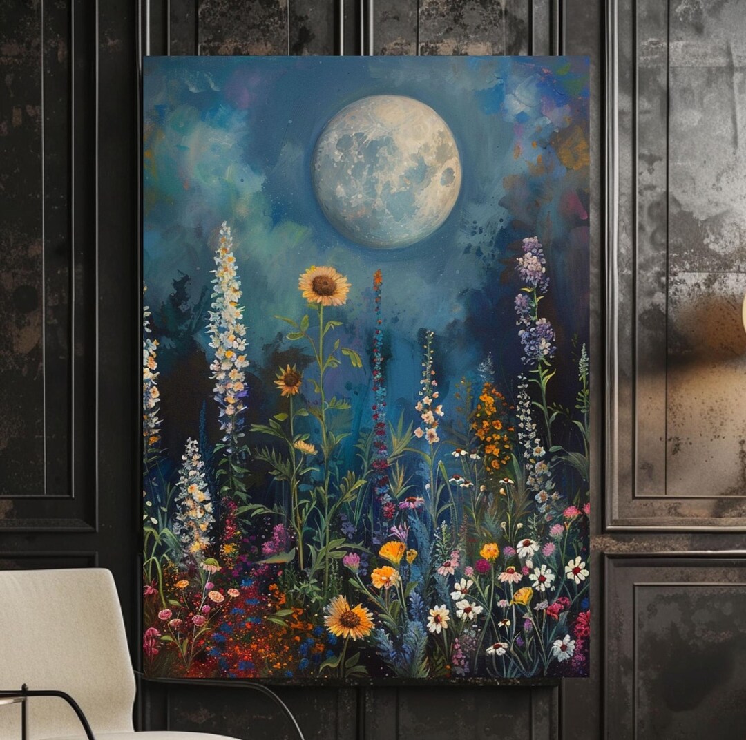 Mystical Moon and Wildflower Garden Canvas Art, Botanical Night Sky Art ...
