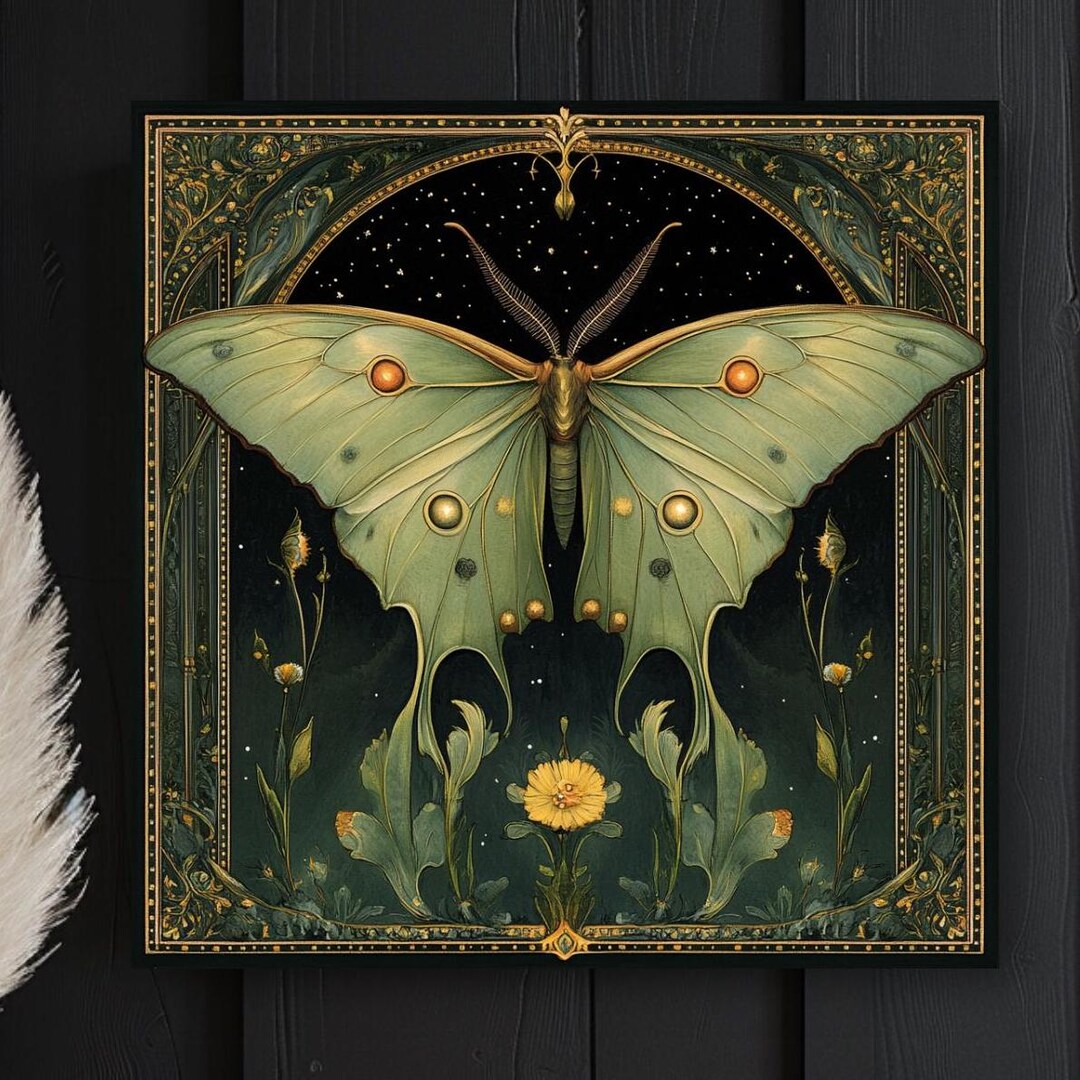 Mystical Moth Canvas Wall Art, Celestial Insect Print, Art Nouveau Luna ...