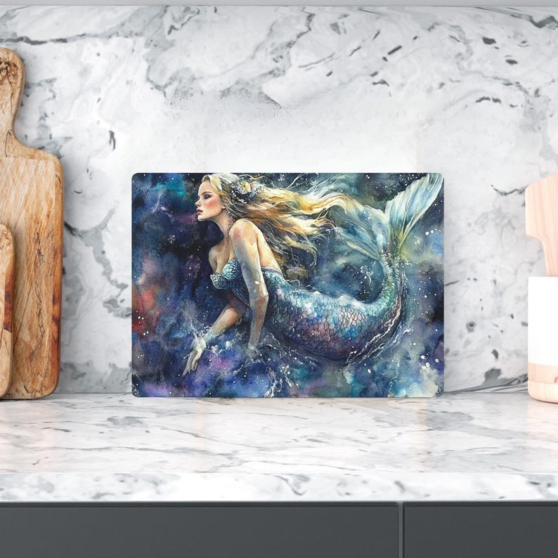 Ocean Mermaid Glass Cutting Board, Watercolor Sea Kitchen Art, Coastal ...