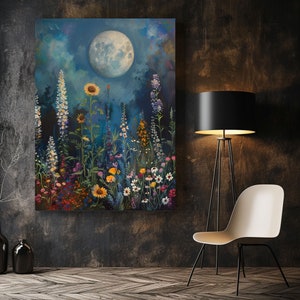Mystical Moon and Wildflower Garden Canvas Art, Botanical Night Sky Art ...