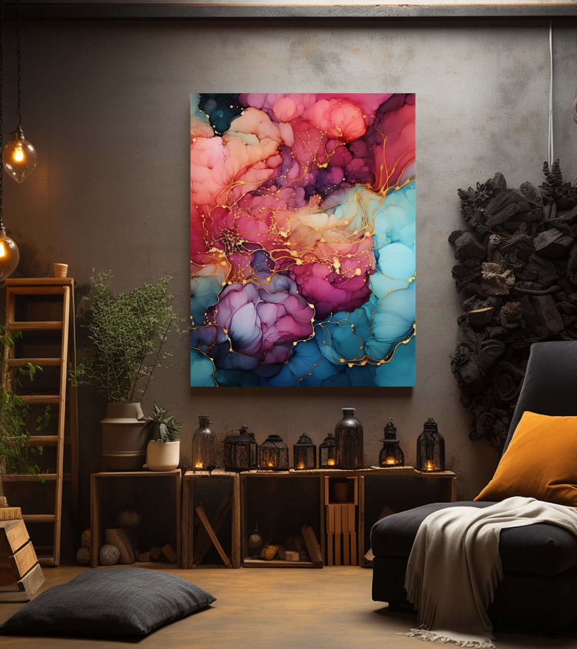 Alcohol Ink Canvas Wall Art, Alcohol Ink With Gold Accent Wall Art ...