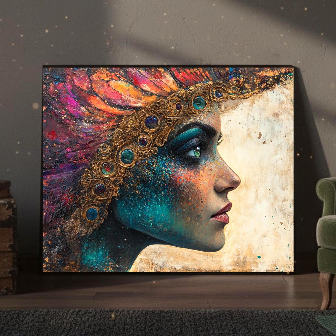 Mystic Queen Portrait Wall Art, Boho Goddess Framed Canvas, Jewel Crown ...