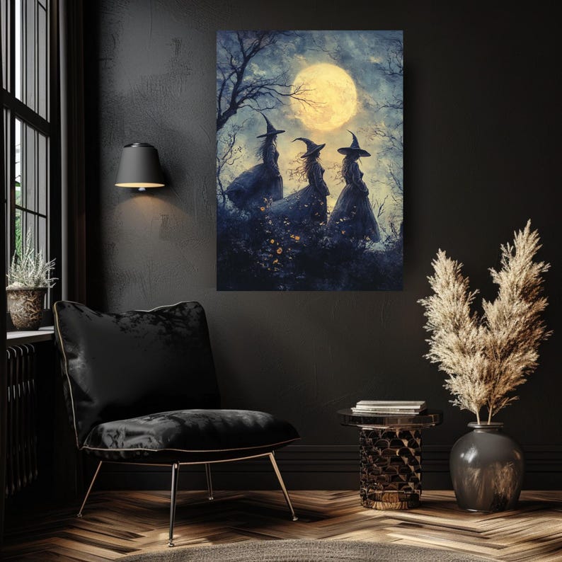 Three Witches Wall Art, Full Moon Gothic Canvas, Mystical Sisterhood ...