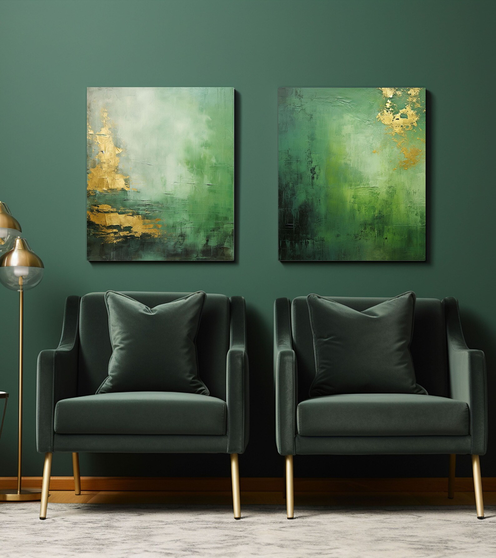 Green and Gold Abstract Canvas Wall Art Set of 2, Green Wall Art ...