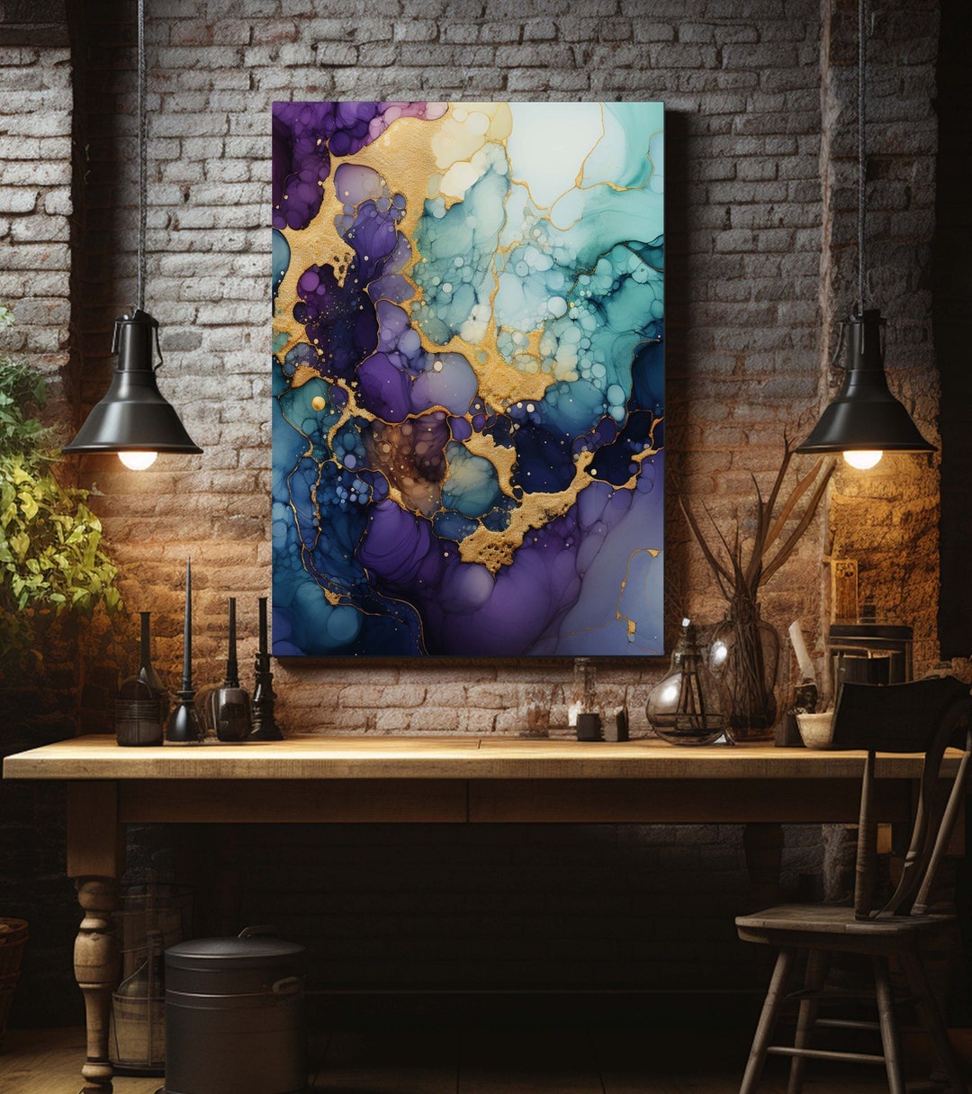 Alcohol Ink Wall Art, Modern Marble Abstract Art, Purple and Gold ...