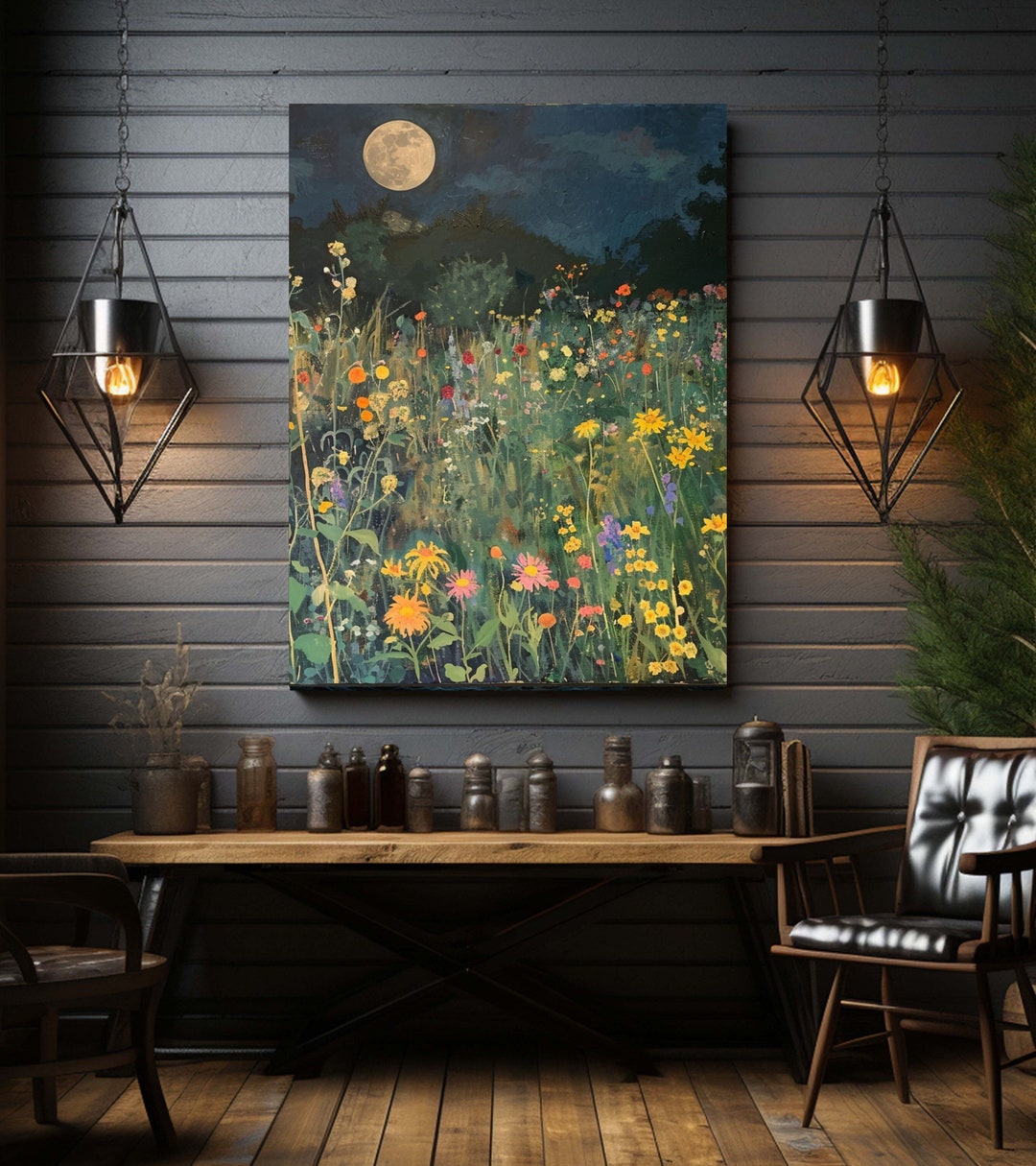 Botanical Night Sky Art, Enchanting Moonlit Home Decor, Nature Mystique ...