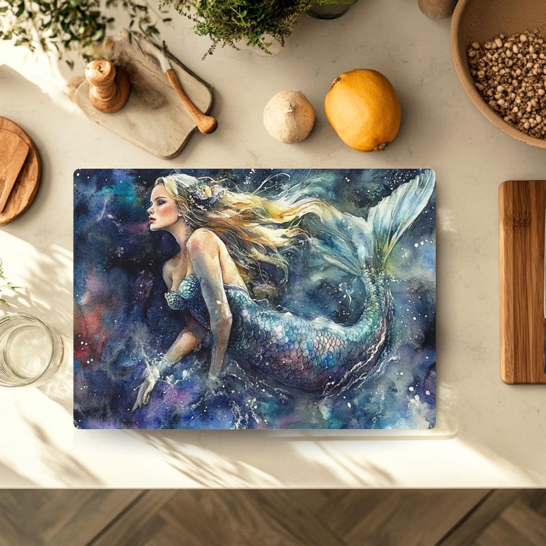 Ocean Mermaid Glass Cutting Board, Watercolor Sea Kitchen Art, Coastal ...