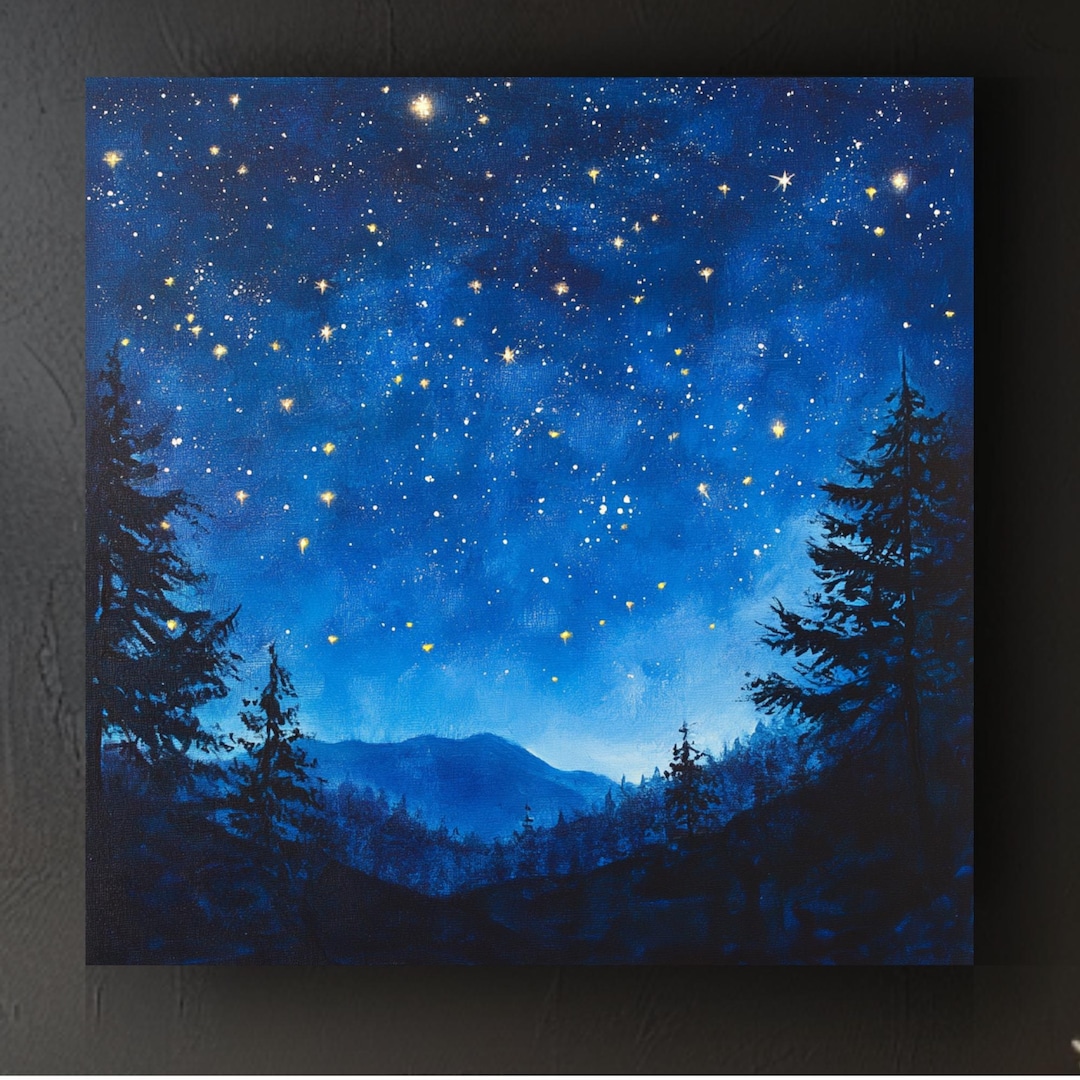 Cosmic Night Sky Canvas Art, Serene Mountain Landscape Print, Celestial ...