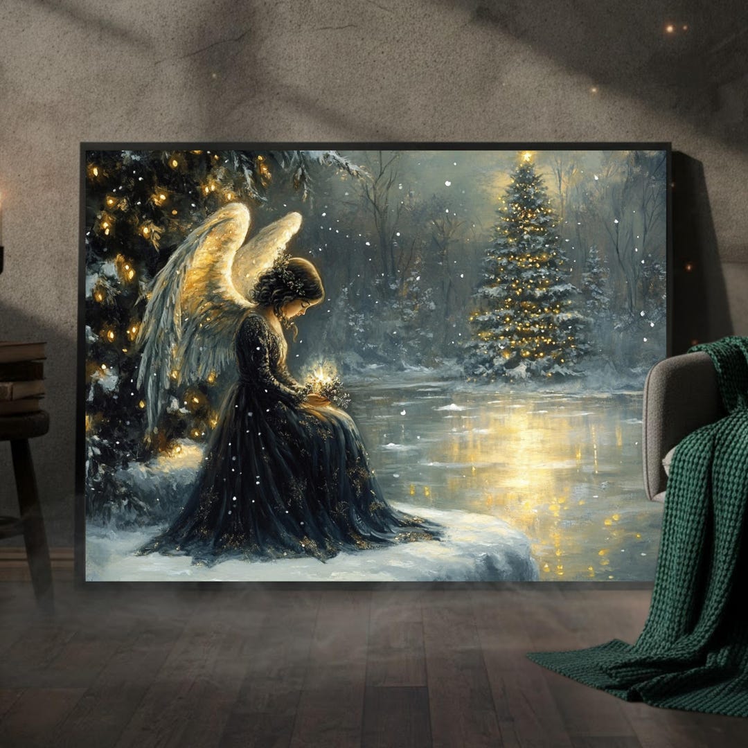 Midnight Angel Reflection Wall Art, Winter Celestial Canvas, Snowy ...