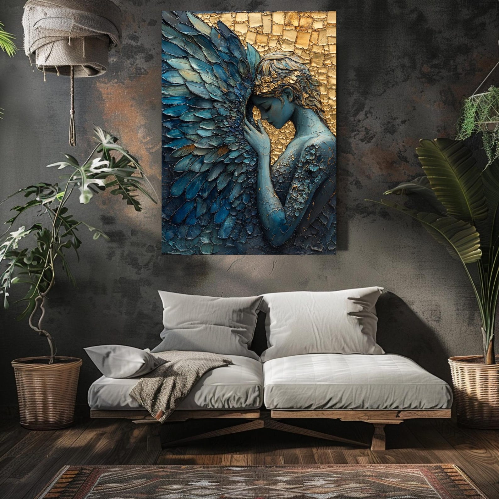 Blue Angel of Light Wall Art, Winged Woman Canvas, Serene Celestial ...