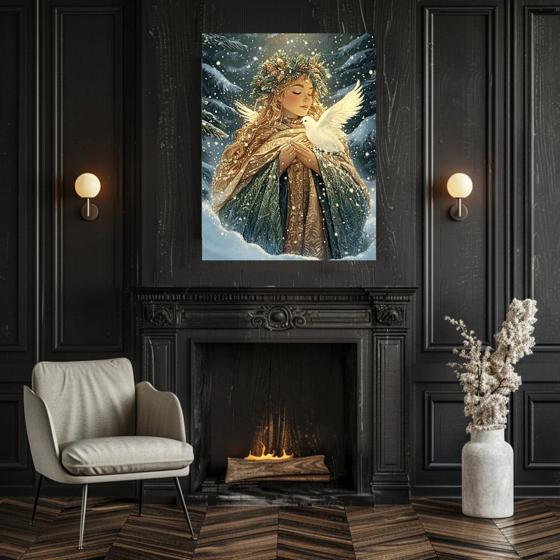 Golden Pagan Maiden Wall Art, Enchanted Winter Solstice Framed Canvas ...