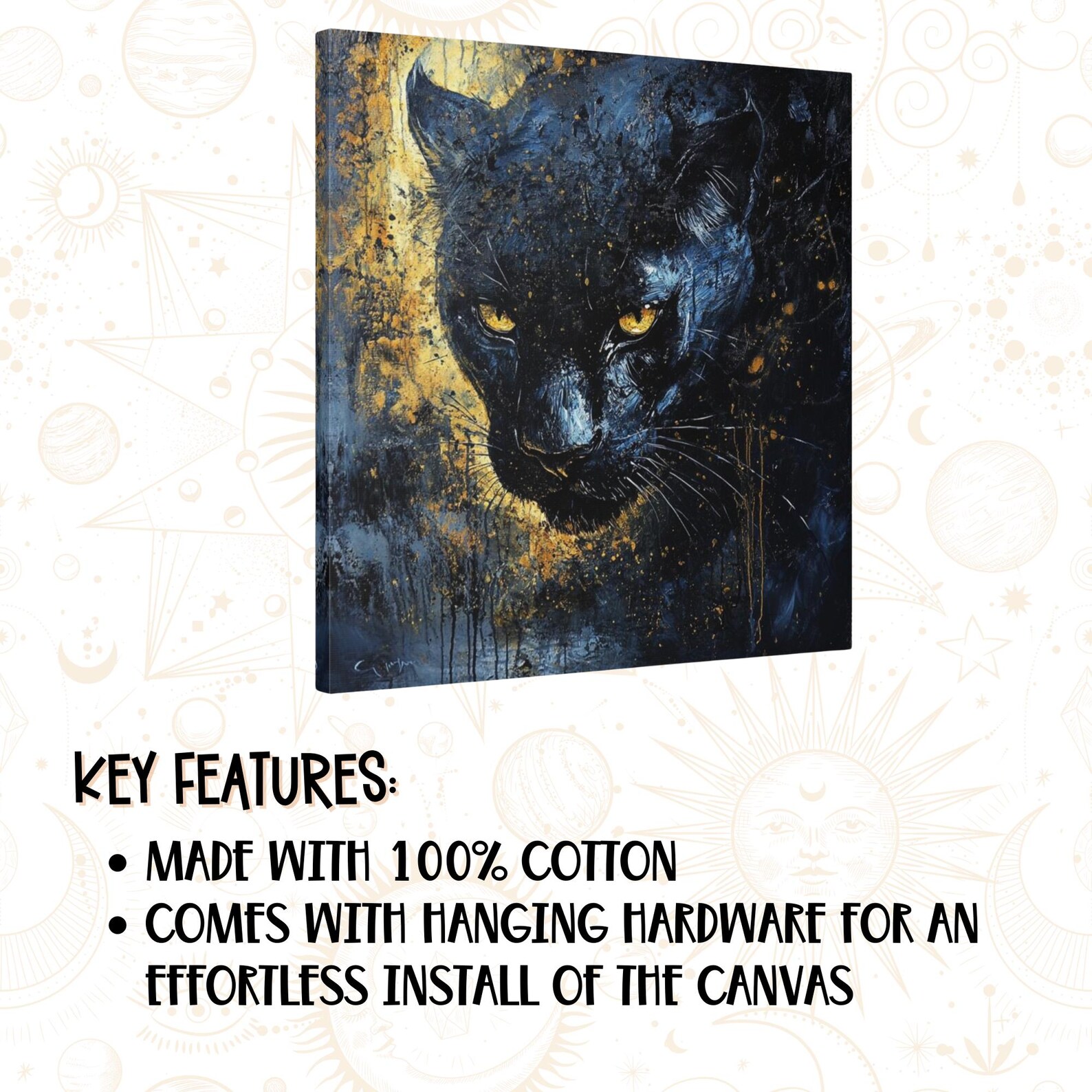 Black Panther Canvas Wall Art, Mystical Big Cat Painting, Gold and ...