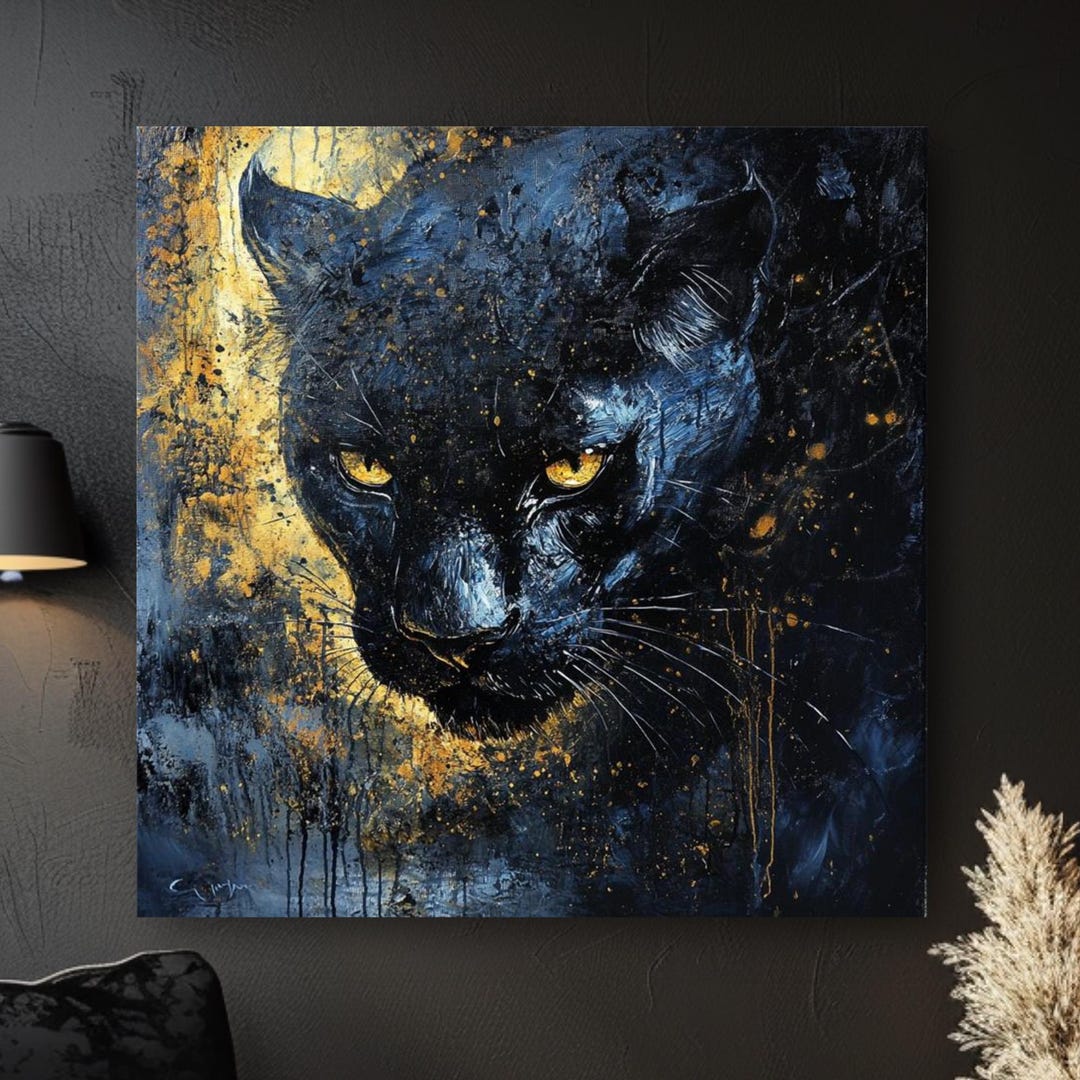 Black Panther Canvas Wall Art, Mystical Big Cat Painting, Gold and ...