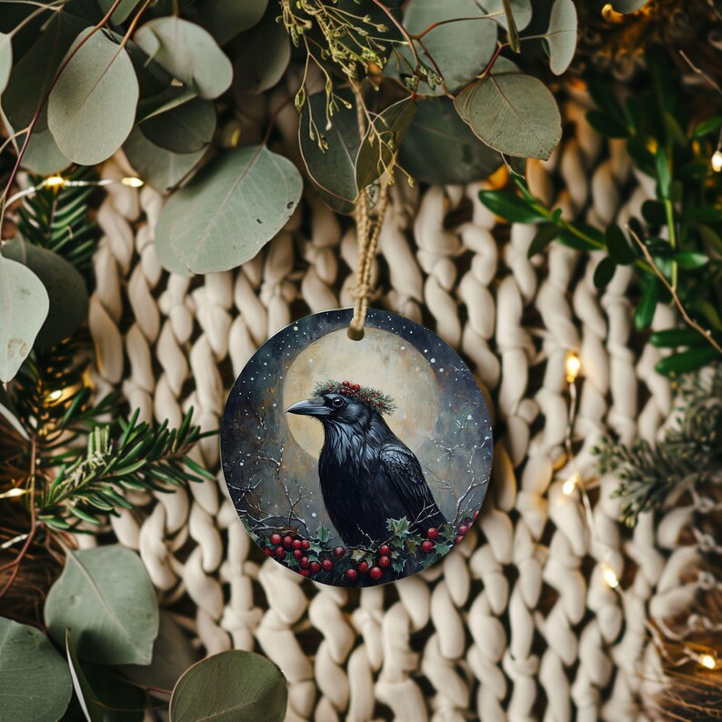 Raven Moon Ornament, Double-sided Gothic Crow Ornament With Gold String ...