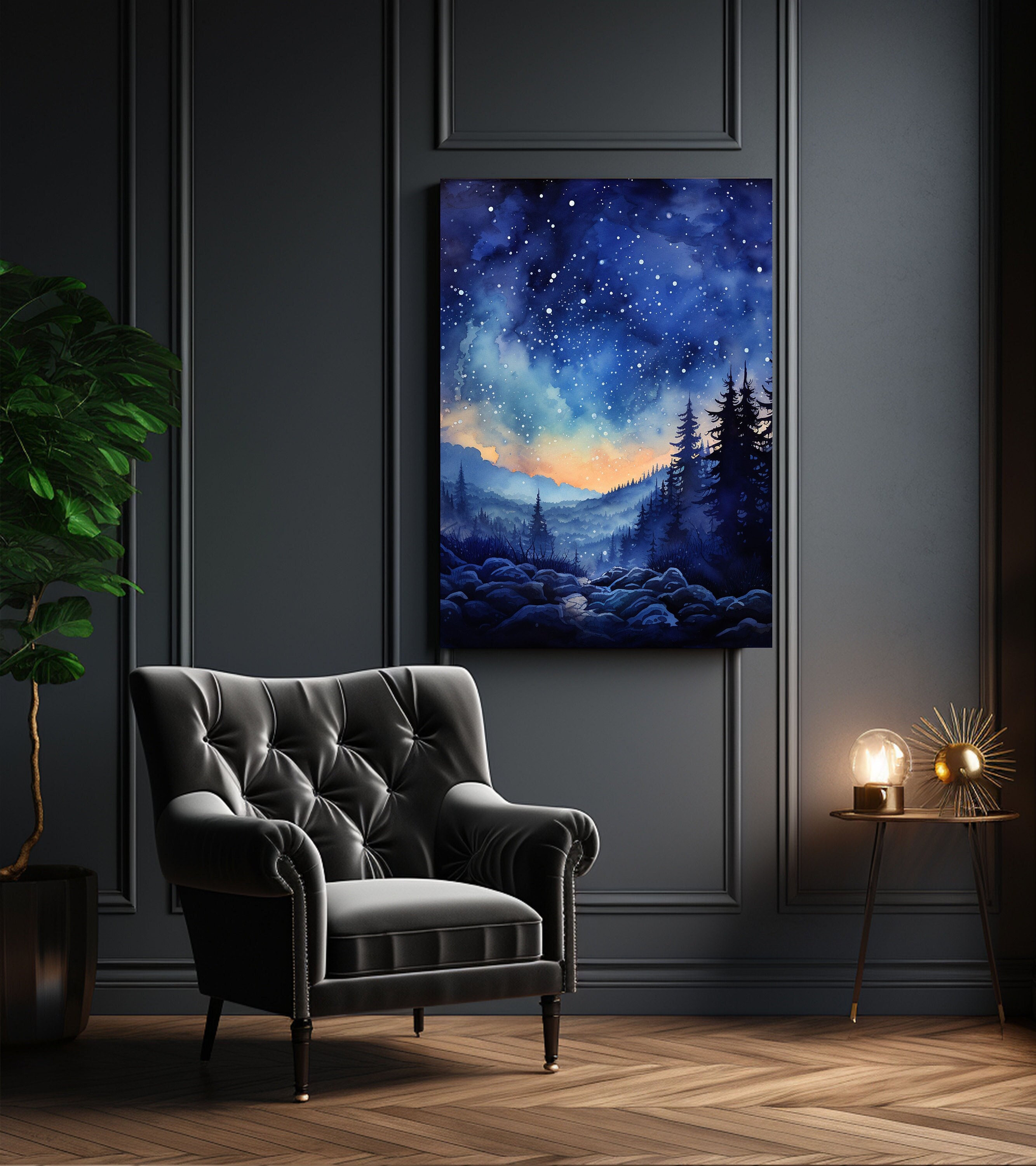 Night Sky Watercolor Canvas Art, Appalachian Mountains Wall Decor ...