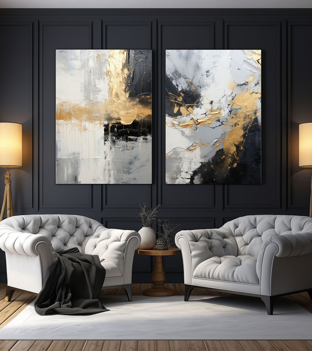 Abstract Canvas Set of 2, Black and Gold Canvas, Neutral Minimalist ...