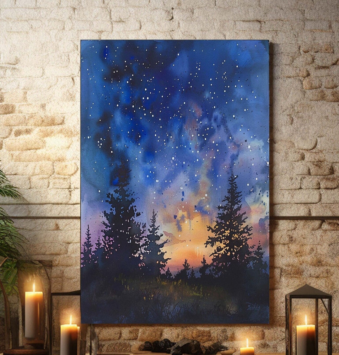 Mystical Starry Night Sky Wall Art, Starry Night Sky Canvas, Abstract ...