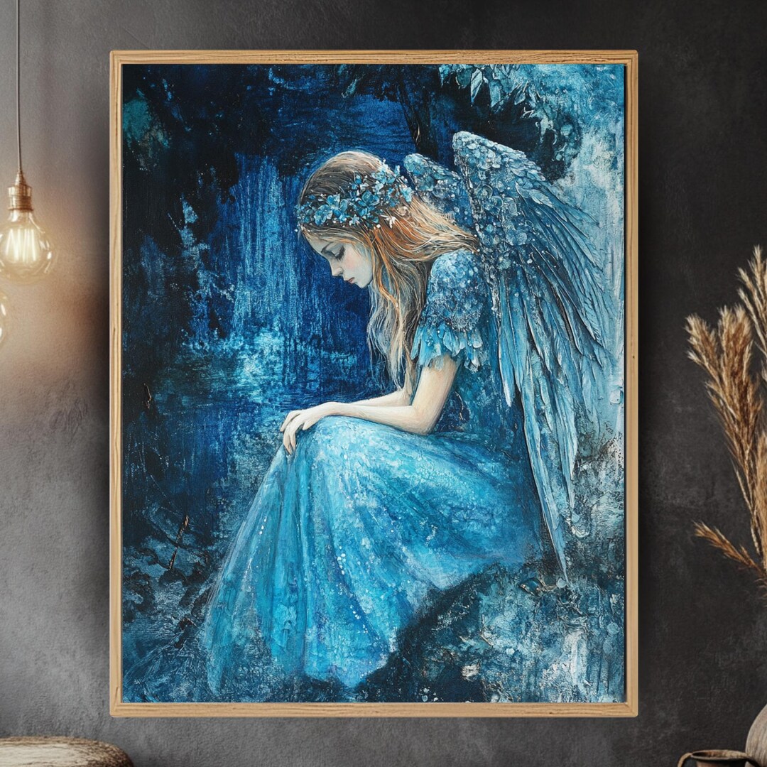 Blue Angel Wall Art, Natural Wooden Framed Canvas, Ethereal Fantasy ...