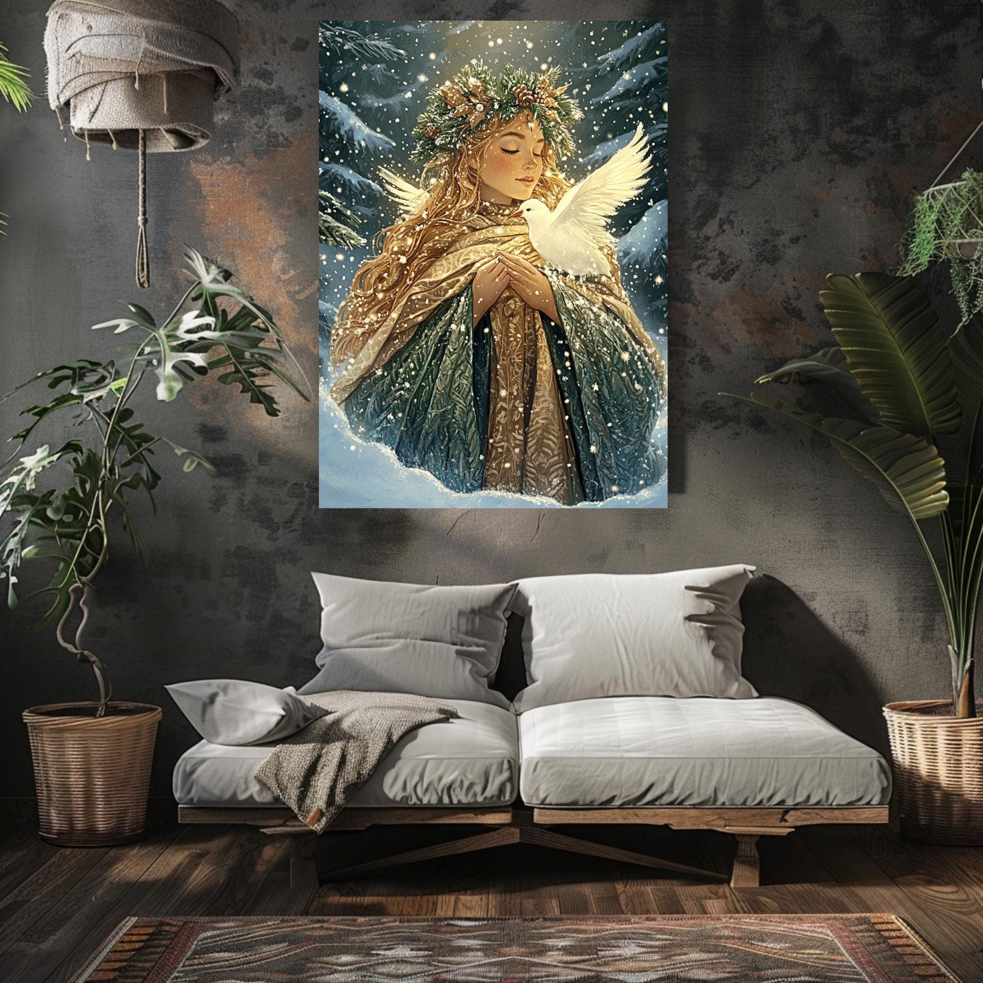 Golden Pagan Maiden Wall Art, Enchanted Winter Solstice Framed Canvas ...