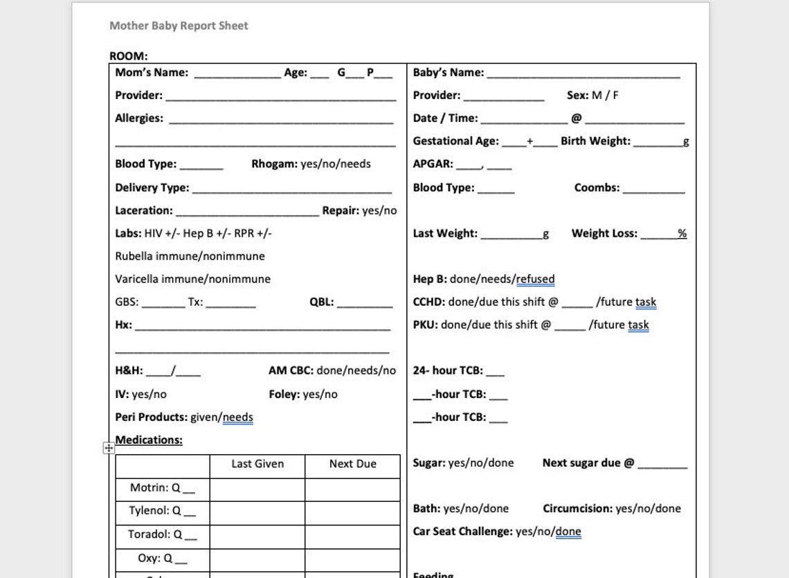 Mother Baby / Postpartum Report Sheet - Etsy