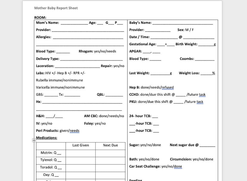 Mother Baby / Postpartum Report Sheet - Etsy