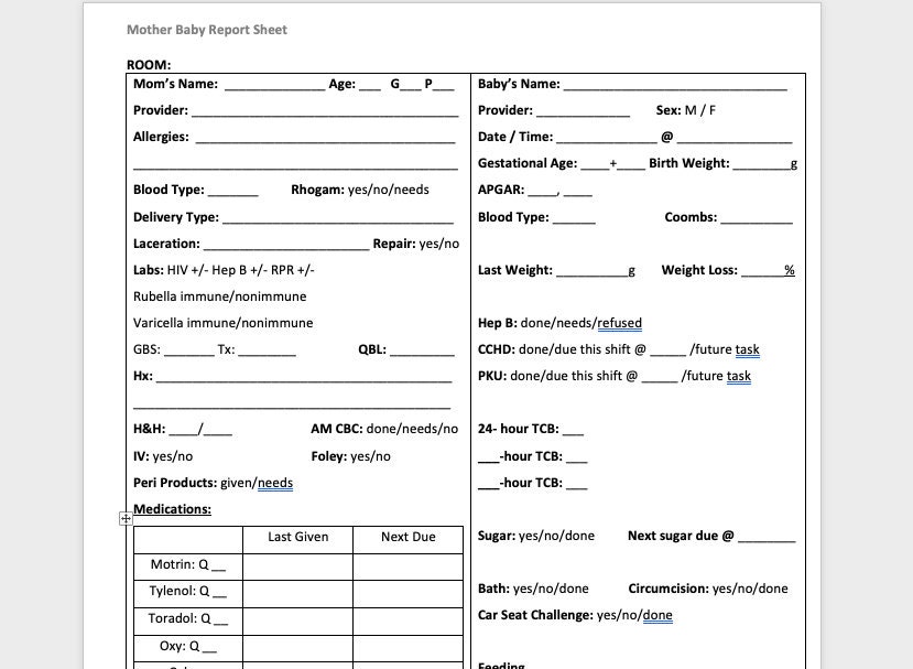 Mother Baby / Postpartum Report Sheet - Etsy