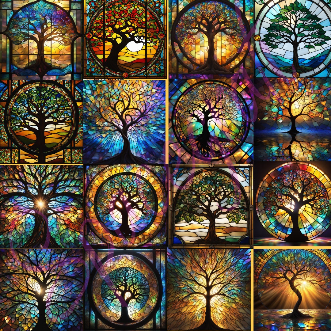 50 Stained Glass Tree Bundle PNG High Resolution Big Stained Wall Art ...