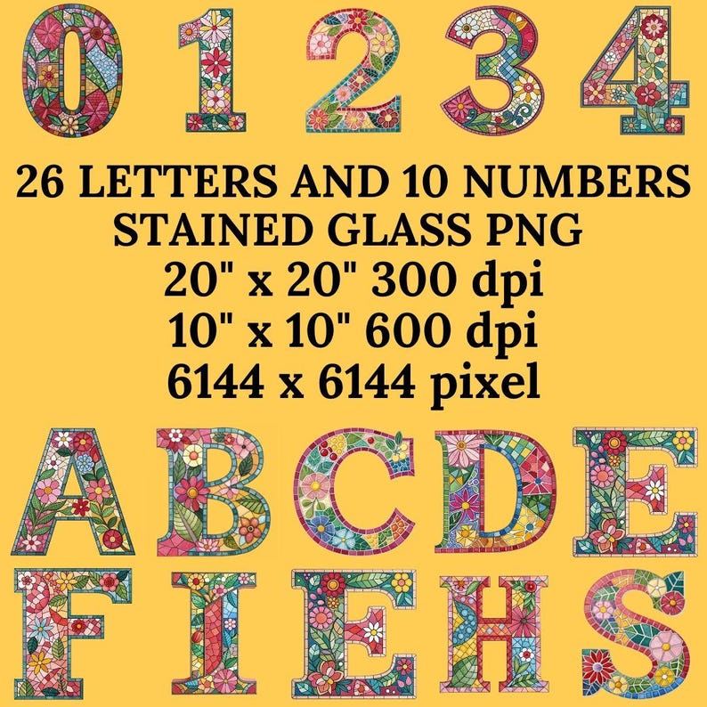 Stained Glass 26 Letters and 10 Numbers Bundle PNG - High Resolution ...