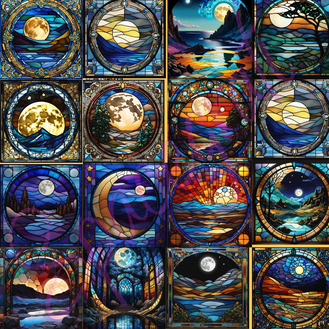 50 Stained Glass Moon Bundle PNG High Resolution Big Stained Wall Art ...