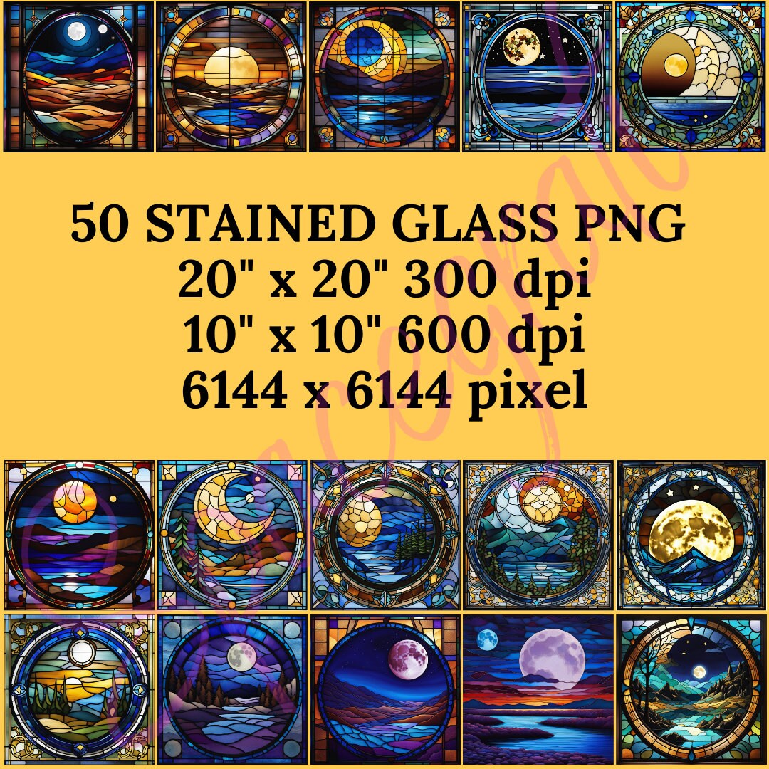 50 Stained Glass Moon Bundle PNG - High Resolution Big Stained Wall Art ...