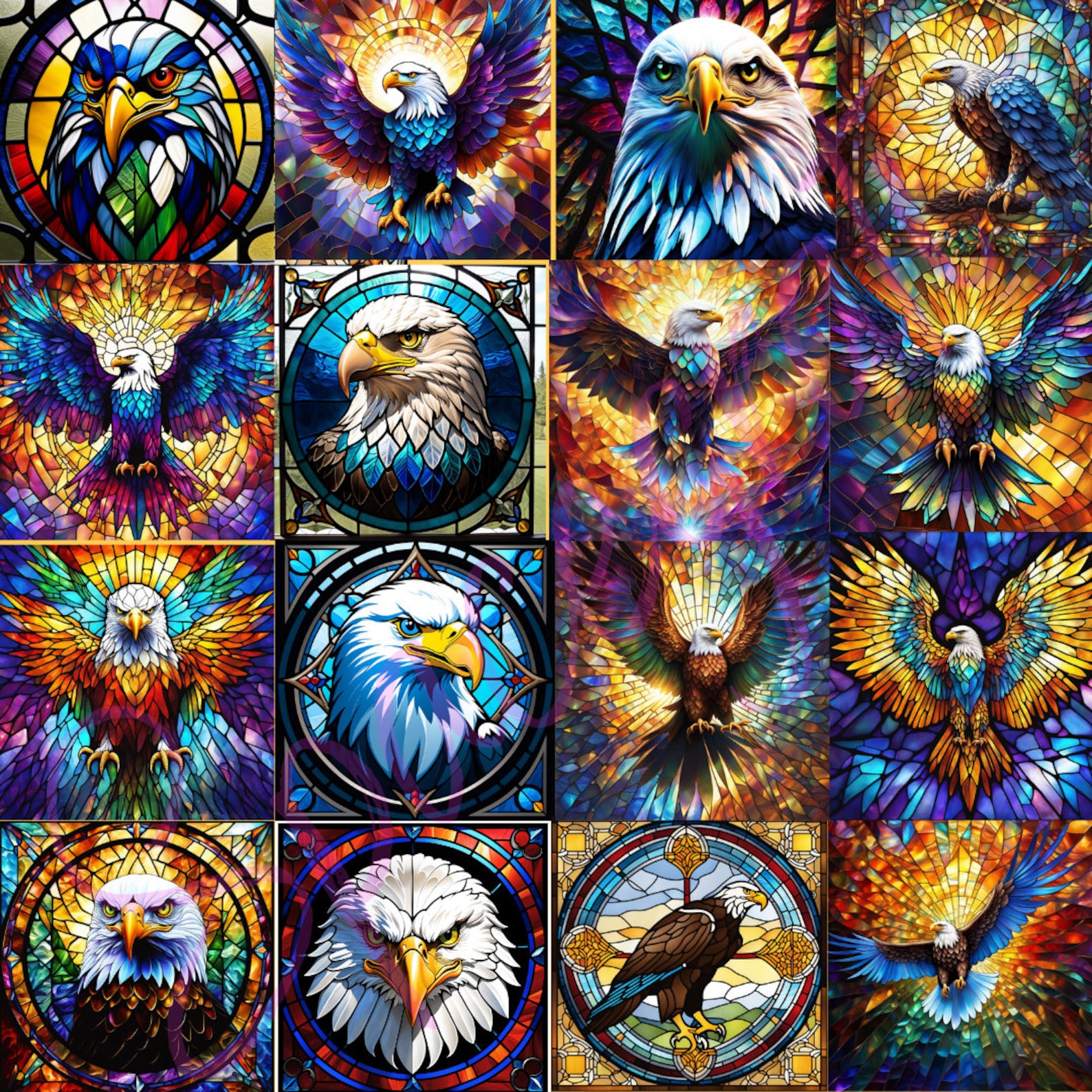 25 Stained Glass Eagle Bundle PNG - High Resolution Big Stained Wall Art Bundle - Glass Paint ...